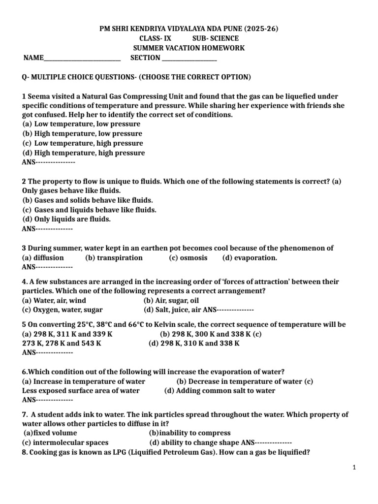 Class IX Science Summer Homework 2025-26 | PDF | Gases | Water