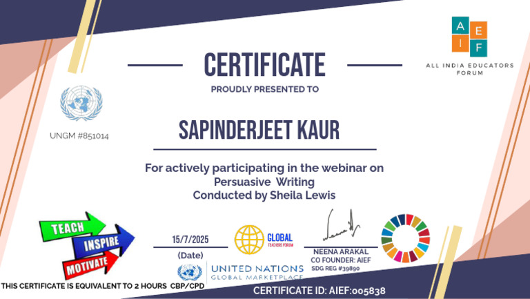 Certificate For Sapinderjeet Kaur For - AIEF WEBINAR CERTIFICATE - P... | PDF