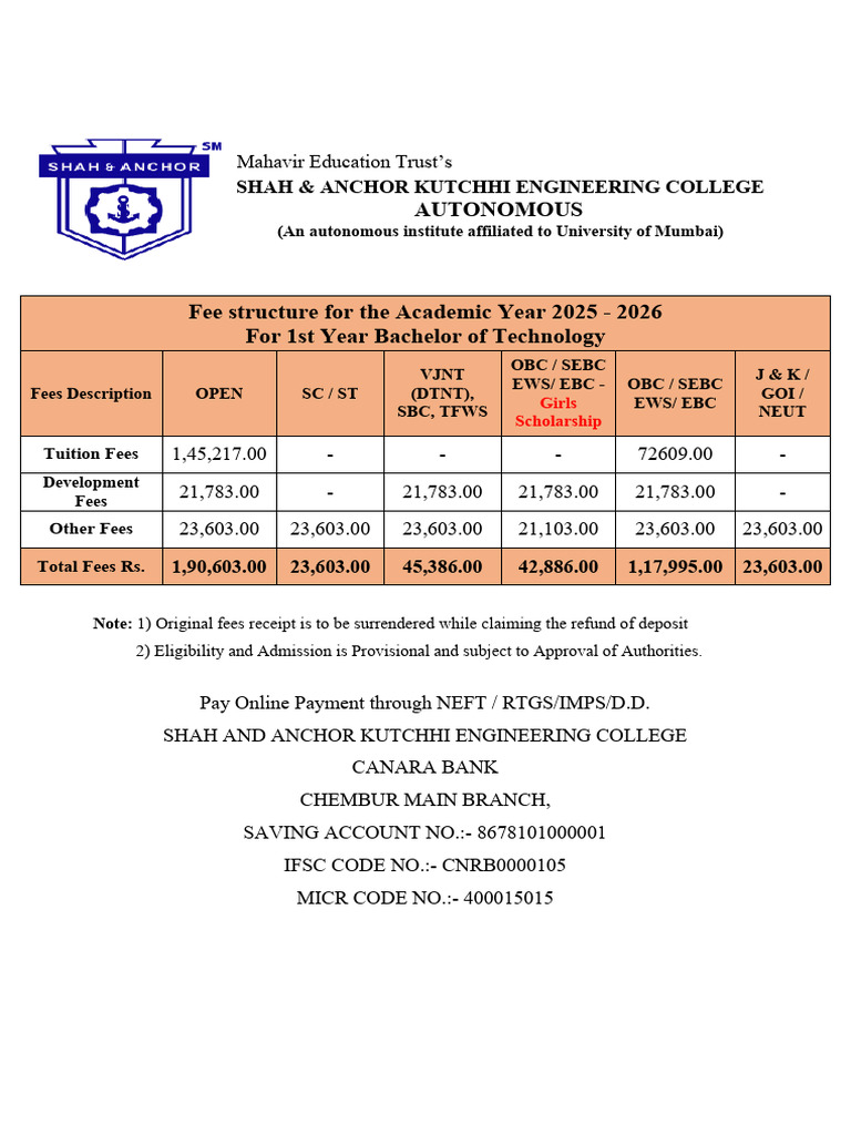 BTECH FY Fees Structure 2025 26 - English | PDF
