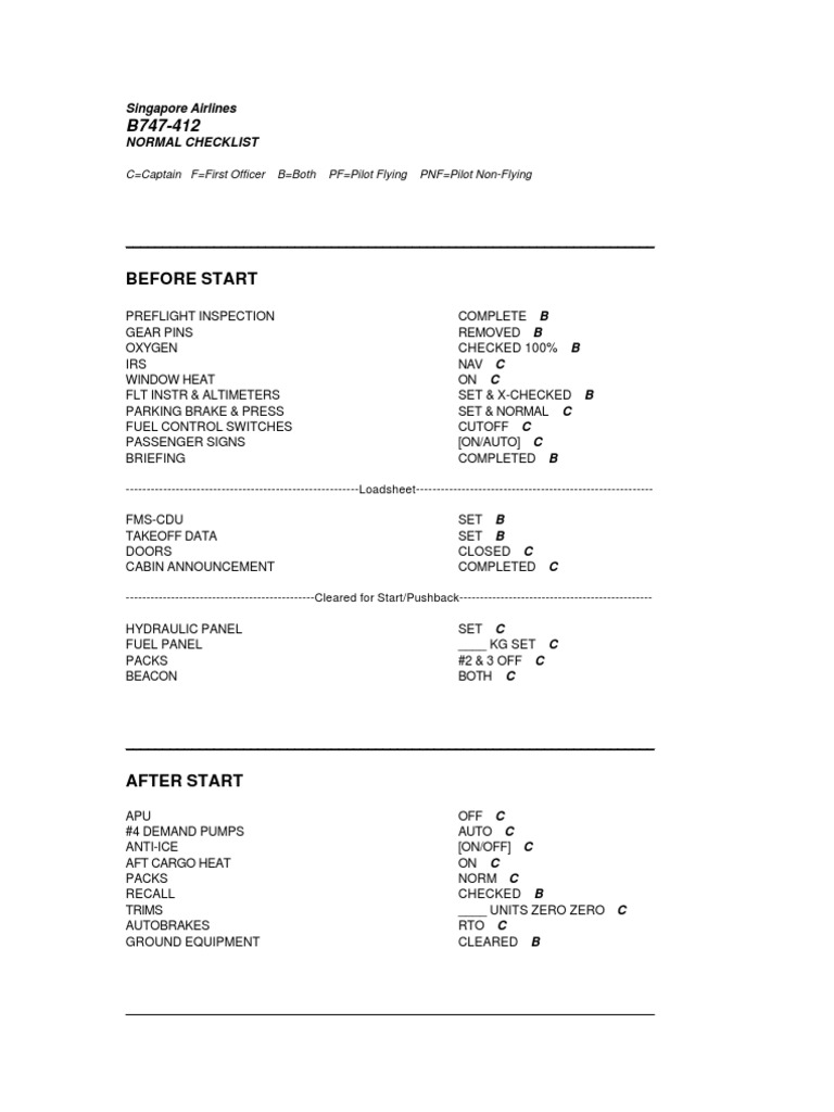 Singapore Airlines B747-412 Checklist | PDF | Technology & Engineering