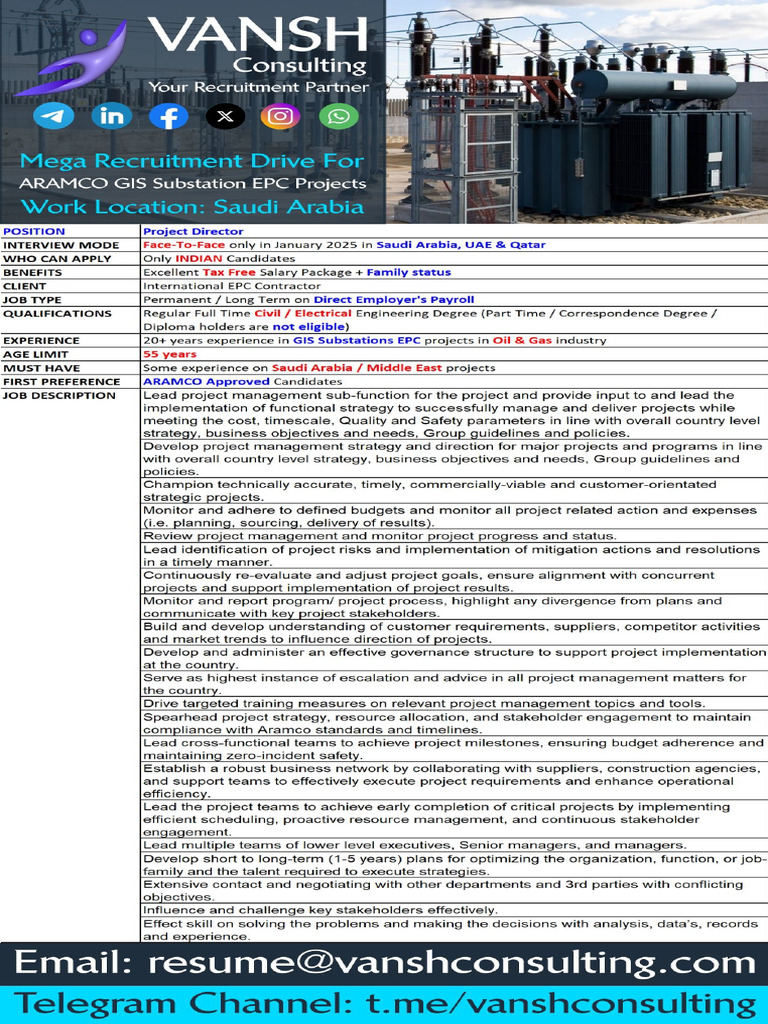 Hiring For ARAMCO Substation Projects in Saudi Arabia | PDF