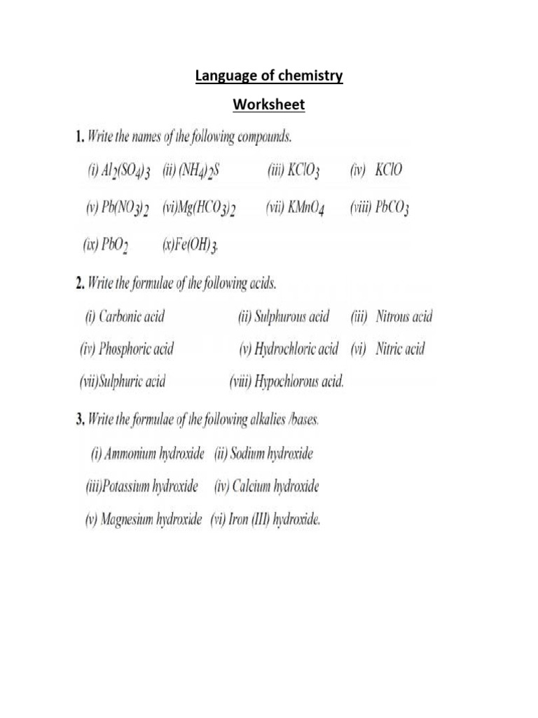 Language of Chemistry Worksheet For STD 9 | PDF