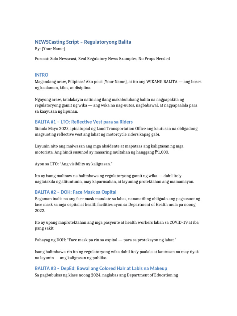 Regulatoryong Balita Newscasting Script | PDF