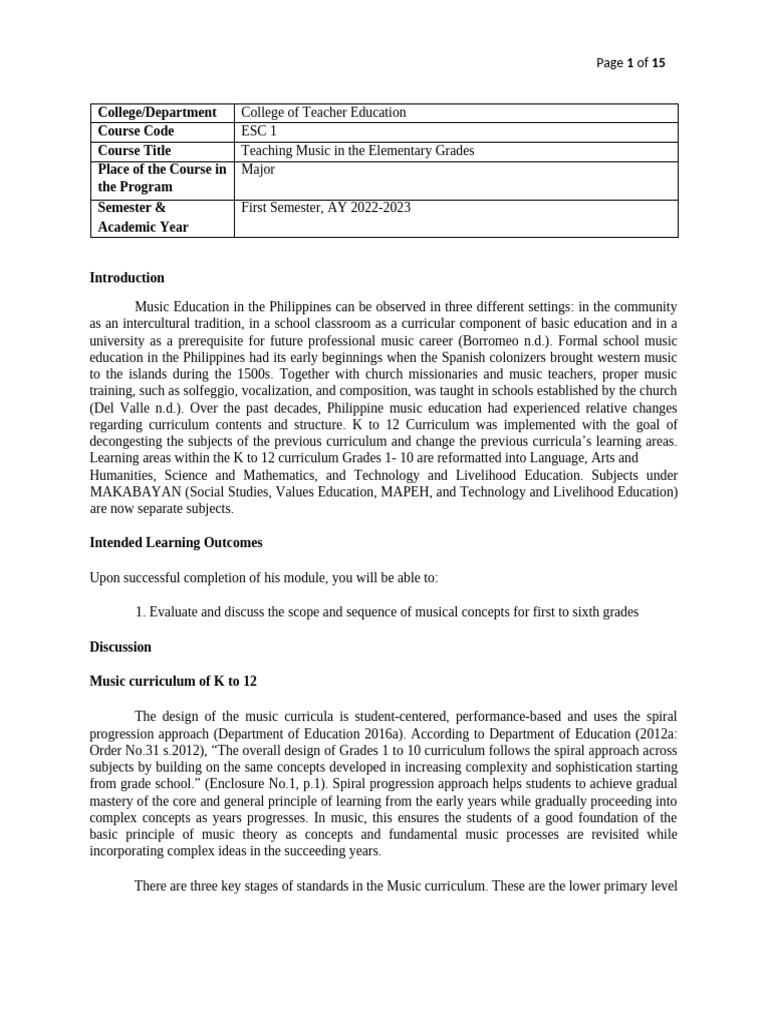 Esc 1 Scope and Sequence of Music For Grades 1 6 | PDF | Rhythm ...