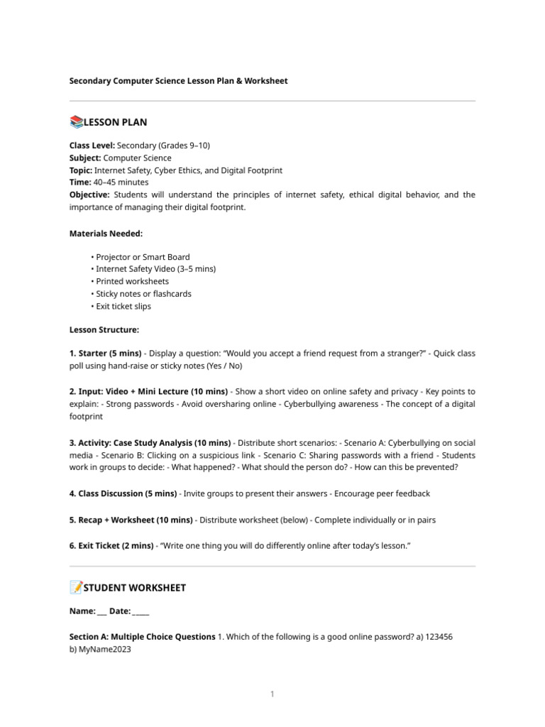 Secondary Cs Lesson Plan | PDF | Cyberspace