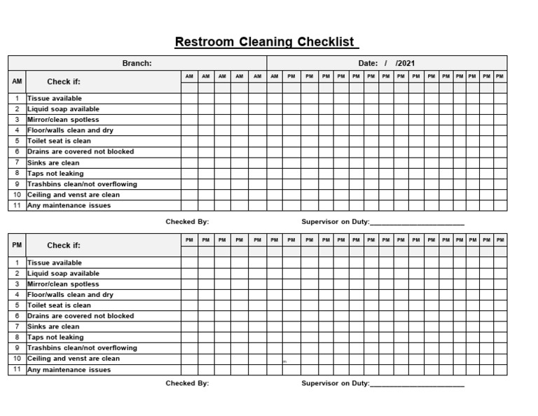 Restroom Cleaning Checklist Template | PDF