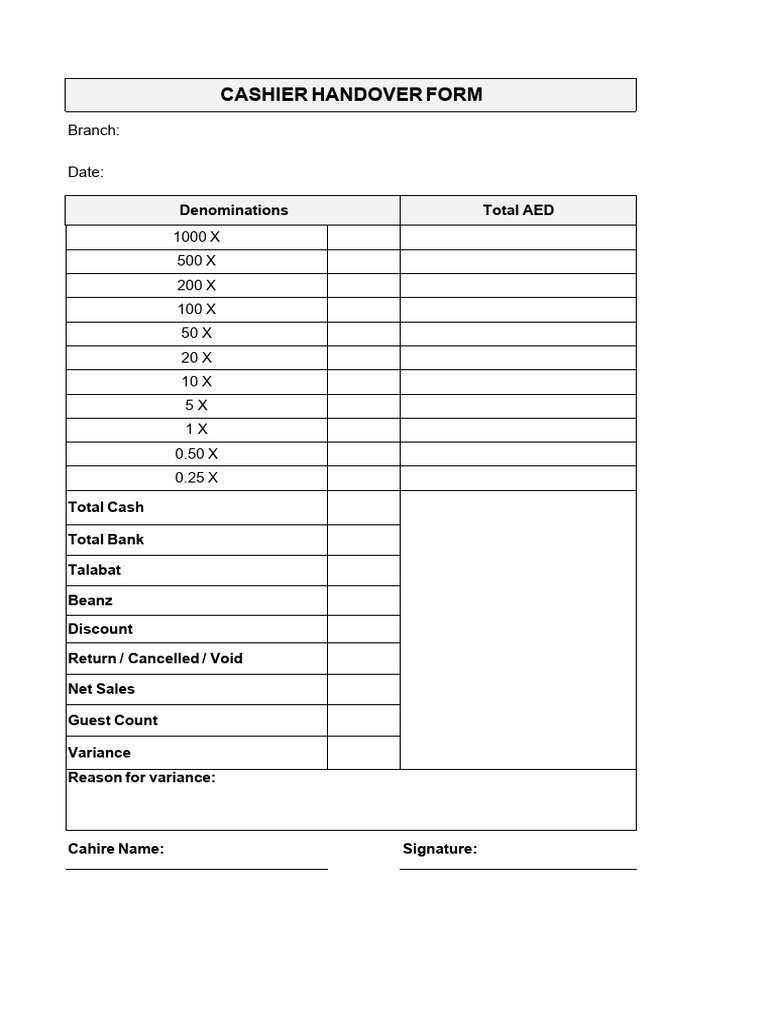 Cashier Handover Form | PDF