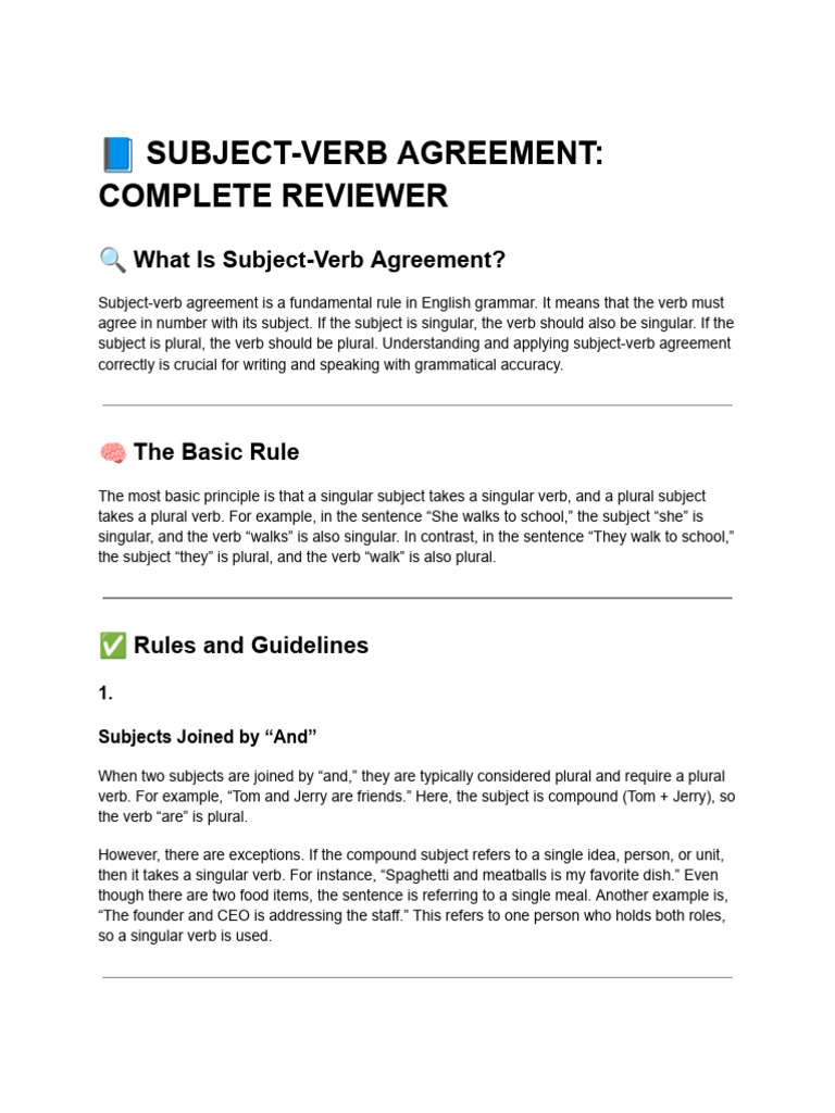 Subject Verb Agreement Reviewer | PDF | Subject (Grammar) | Grammatical ...