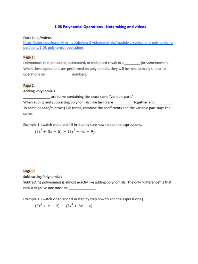 1.08 Polynomial Operations - Note Taking and Videos | PDF | Function ...