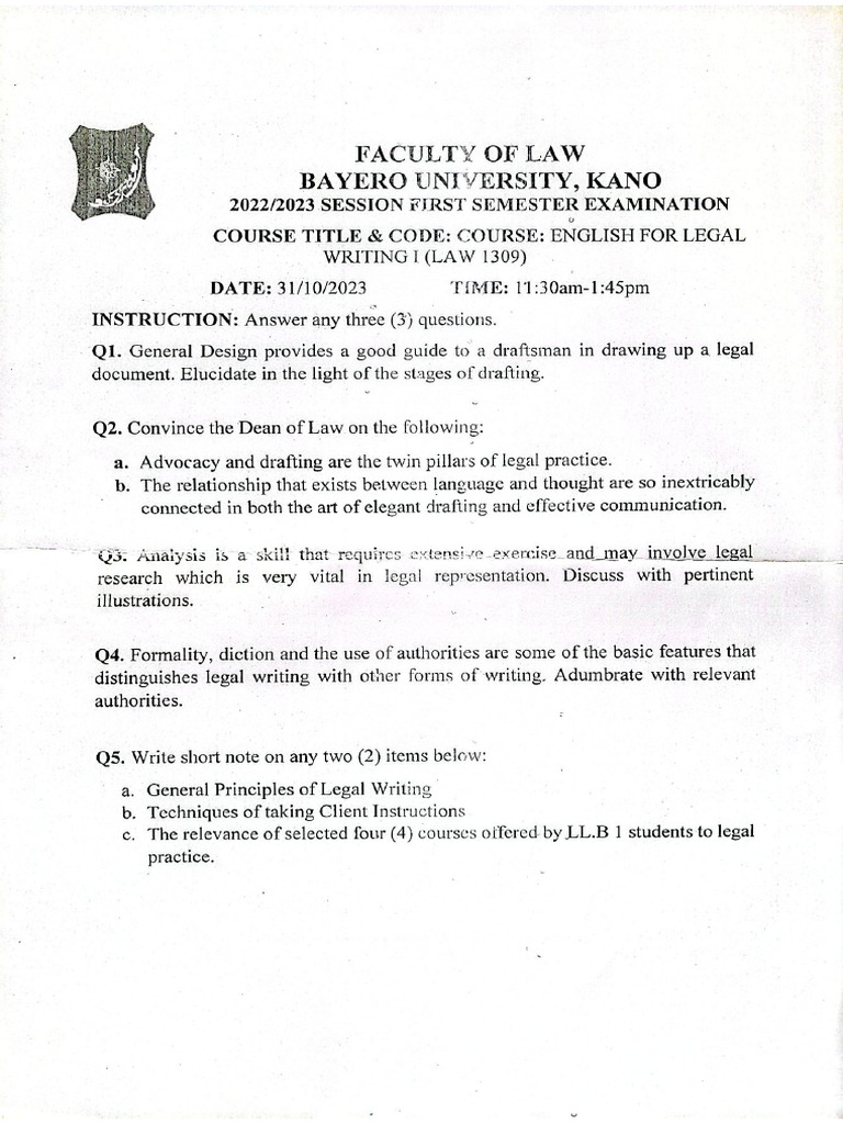 LL.B I Past Questions (BUK) | PDF