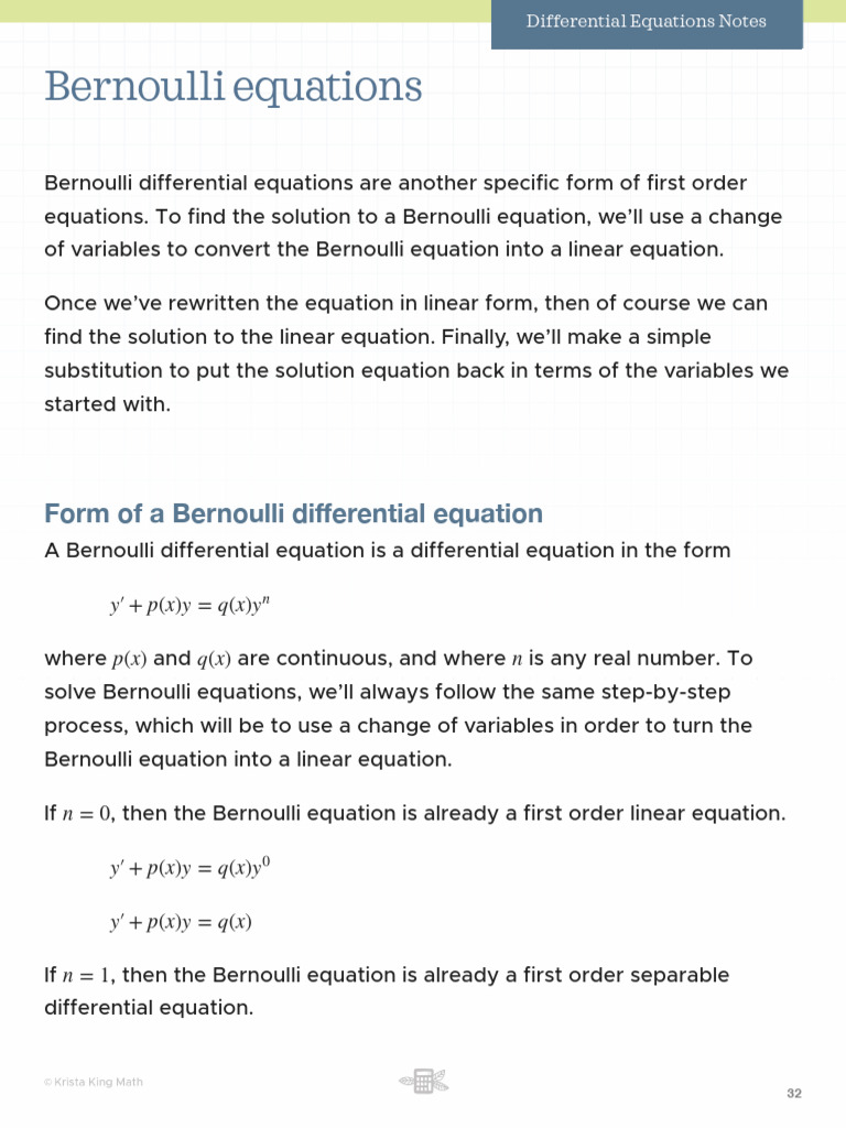 Solving Bernoulli Differential Equations | PDF | Equations ...