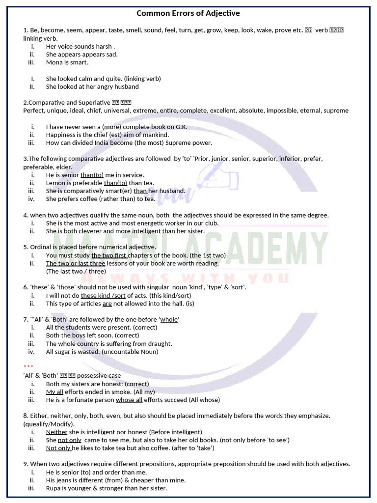 Common Errors of Adjective | PDF | Adjective | Verb