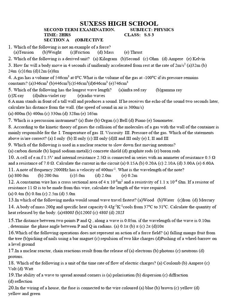 PHYSICS SS3 2ND TERM EXAM | PDF | Acceleration | Velocity