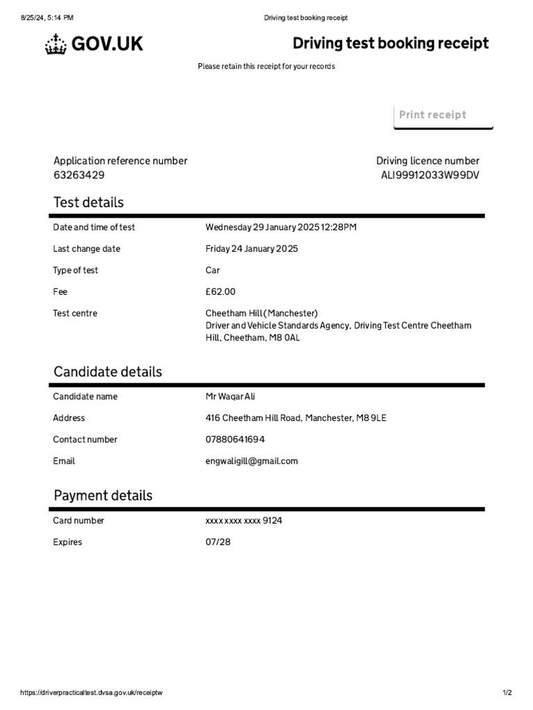 Driving Test Booking Receipt | PDF