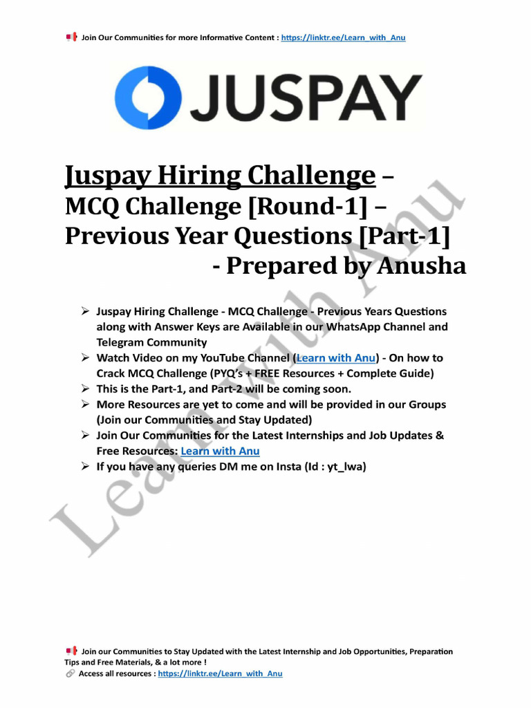Juspay Hiring Challenge - MCQ Challenge - PYQ's - Part-1 | PDF