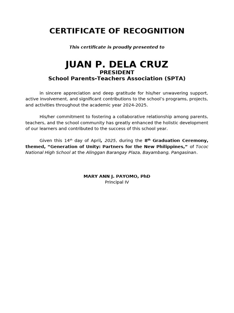 Text For The Certificate of Recognition-SPTA | PDF