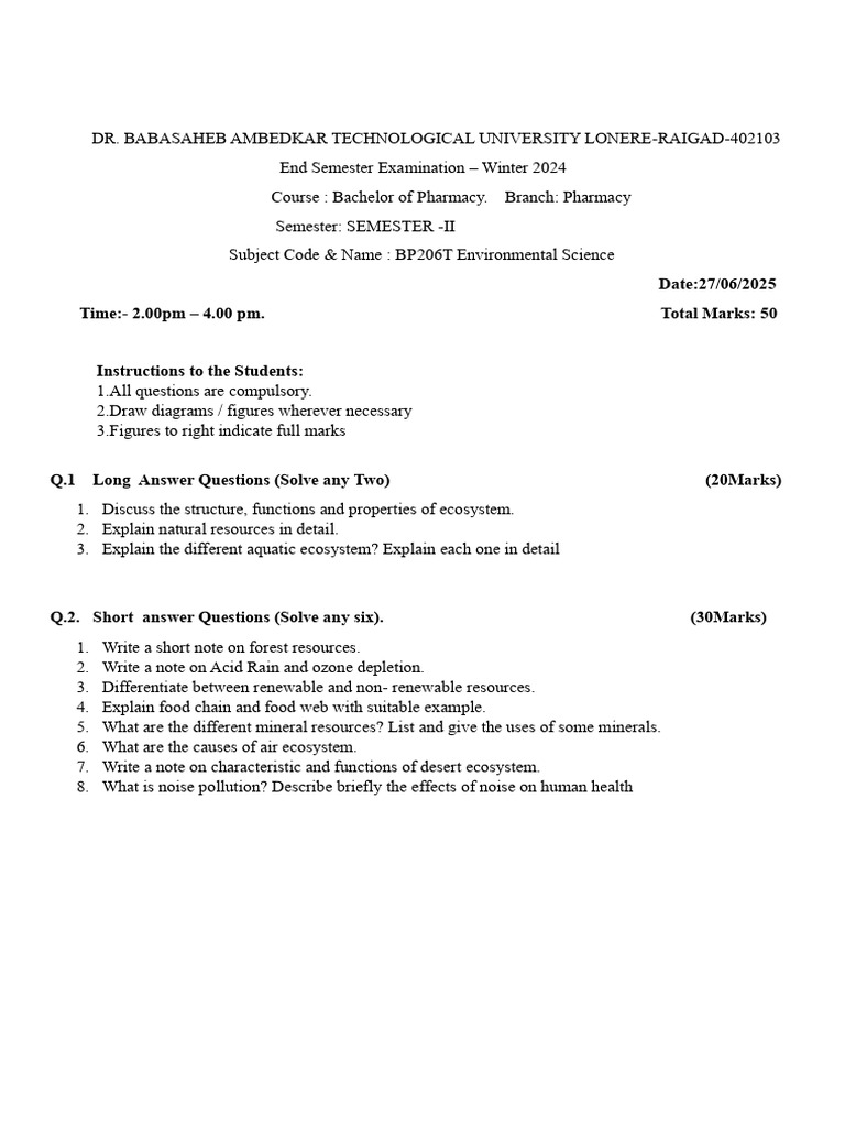Environmental Science Exam - Winter 2024 | PDF
