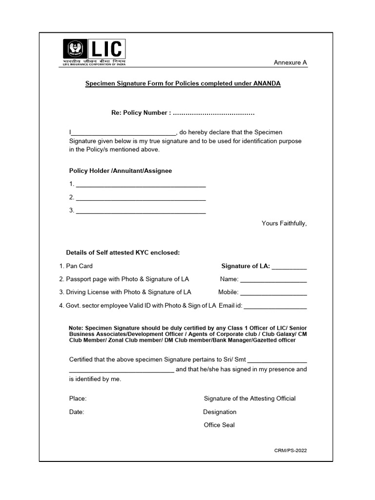 LIC Specimen Signature Form for ANANDA | PDF