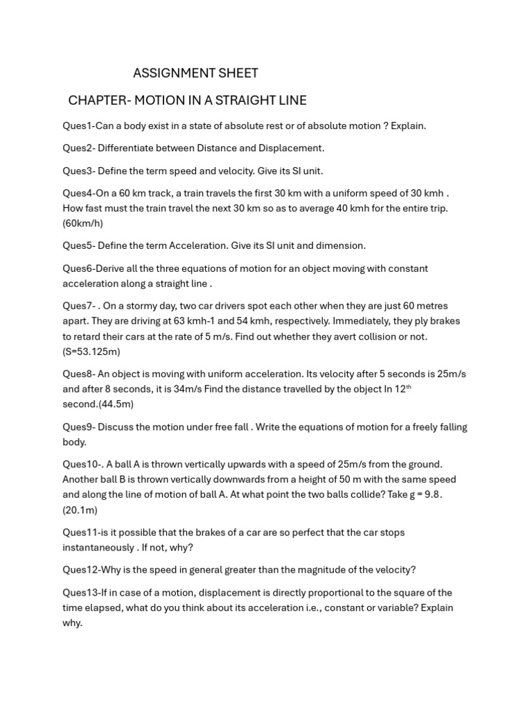 Assignment Sheet Motion in A Straight Line | PDF | Acceleration | Velocity