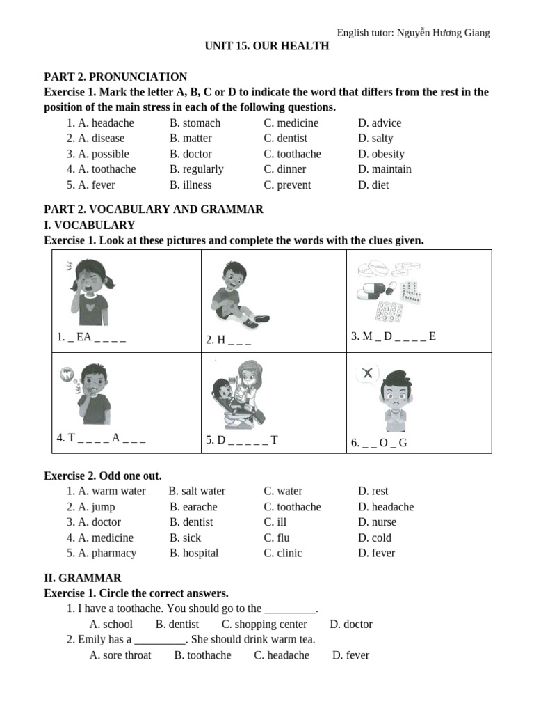 BT Bai Tap Anh 5 Global Unit 15 OUR HEALTH | PDF | Symptoms And Signs | Diseases And Disorders