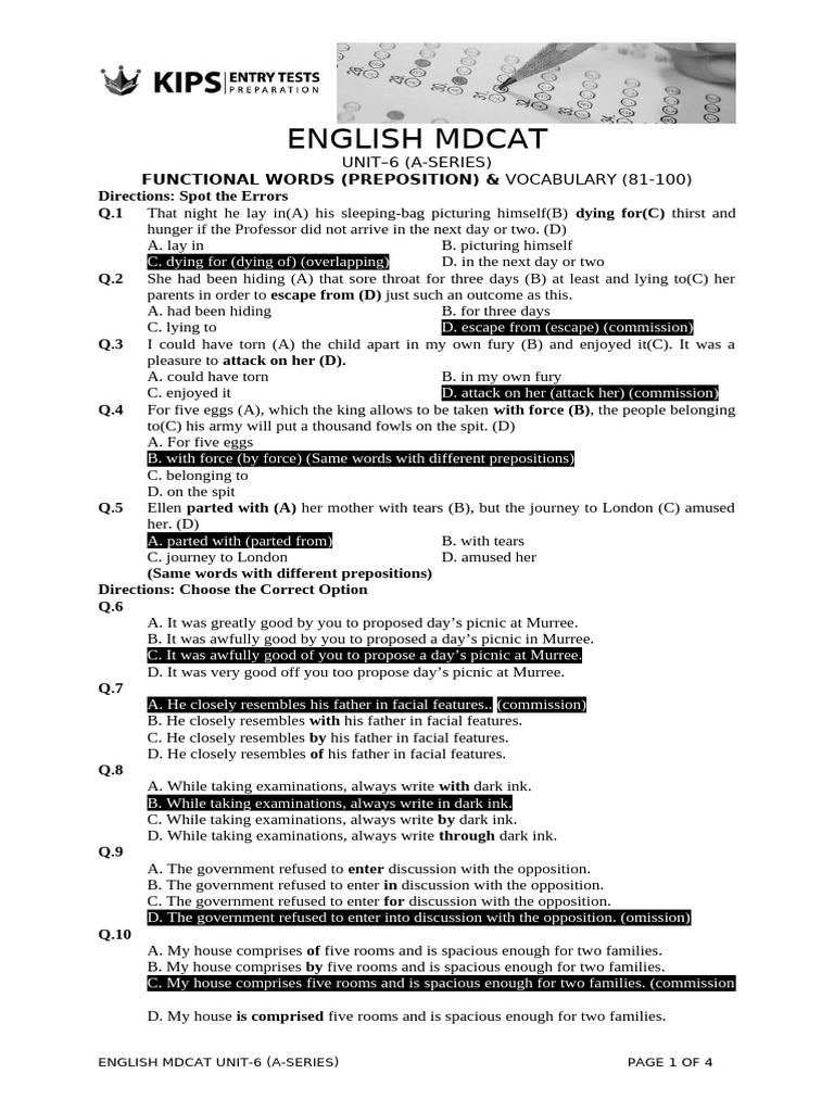 UNIT-6 Functional Words (Preposition) (81-100) | PDF