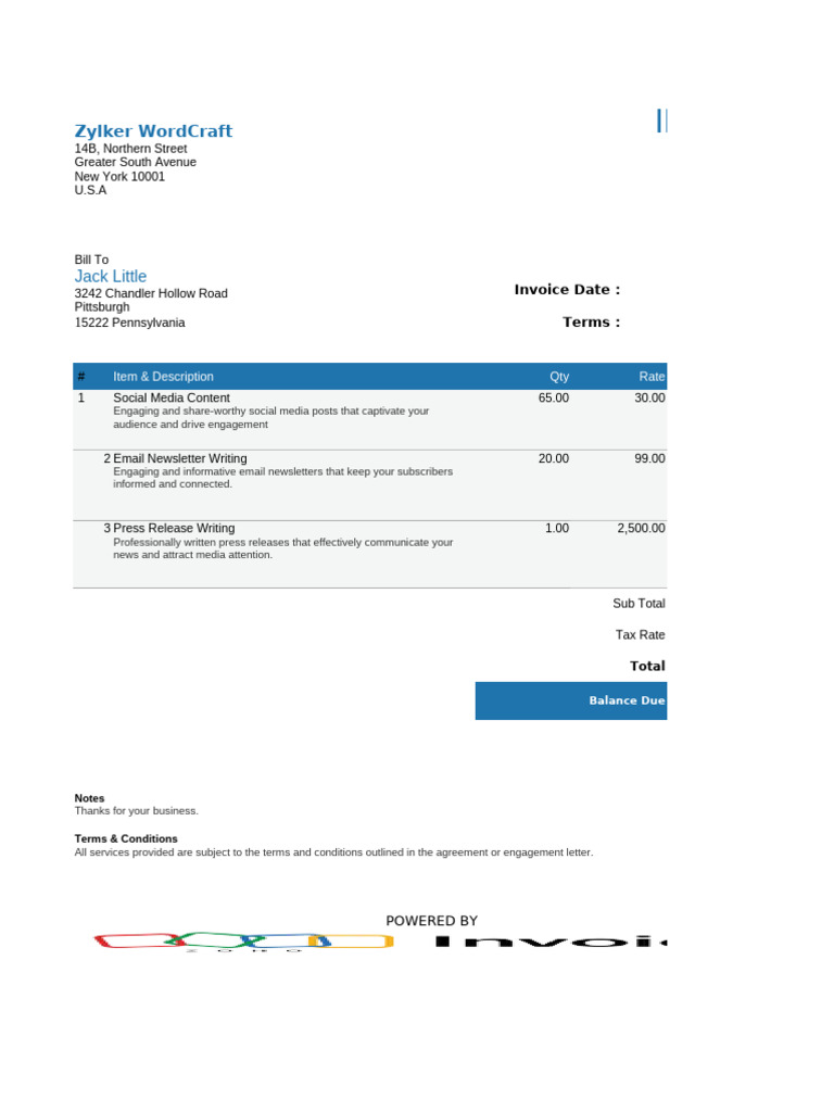 Freelance Writer Invoice Template - Zoho Sheets | PDF | Communication