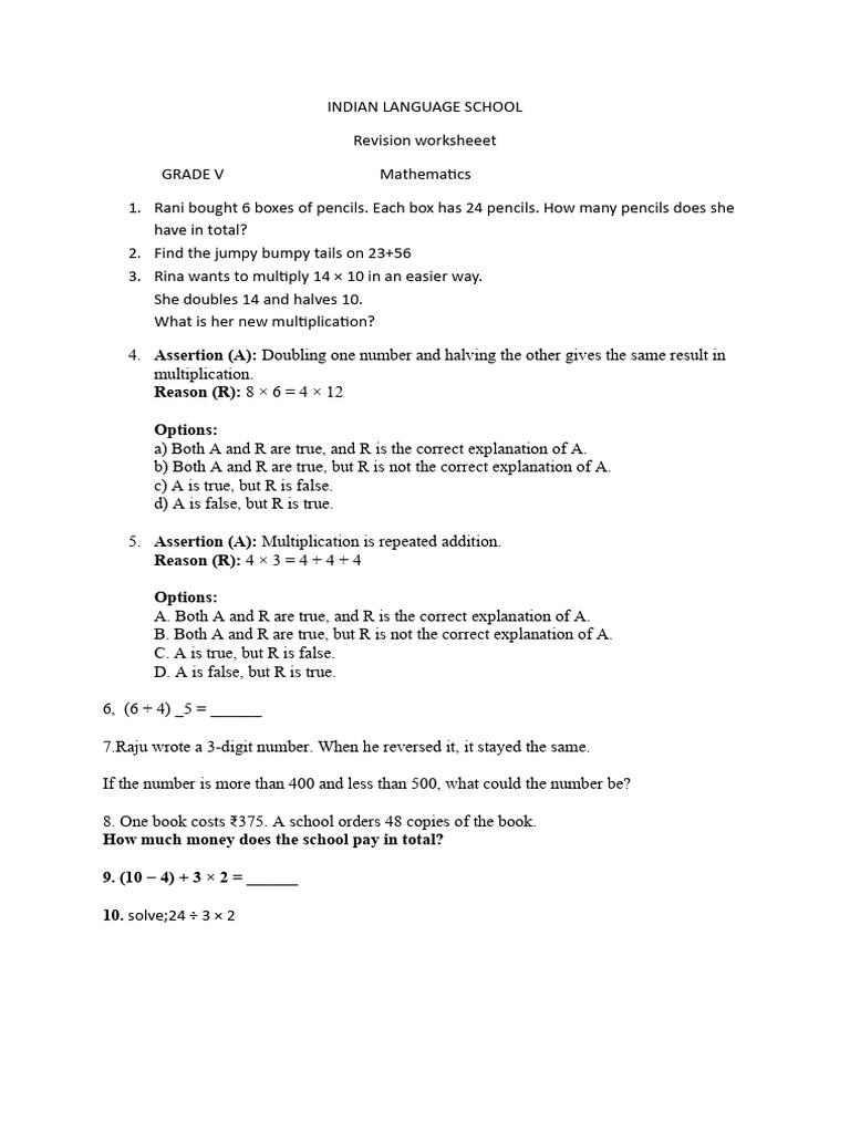 Revision Worksheet | PDF