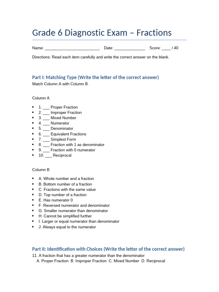 Grade6 Diagnostic Exam Fractions | PDF | Arithmetic | Mathematics