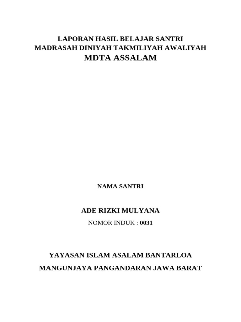 Laporan Hasil Belajar Santri - Mdta Assalam - Bantarloa Kls 1-1 | PDF