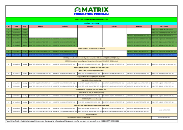 AJM Batch Tentative Examination Calender Session 2025 - 26 | PDF ...