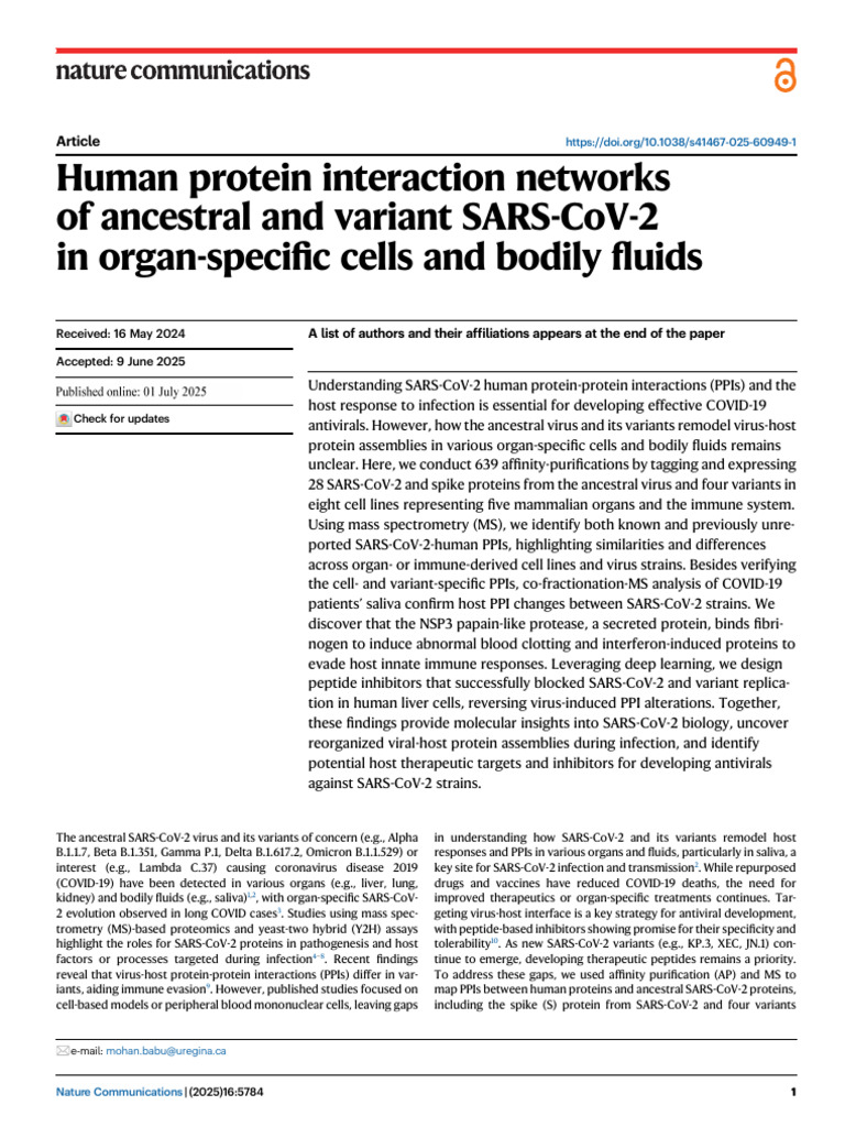 SARS-CoV-2 Protein Interactions in Humans | PDF | Protein–Protein ...