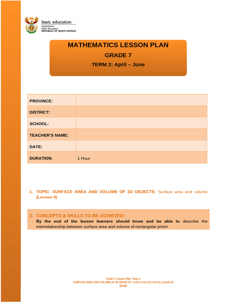 Grade 7 Surface Area and Volume Lesson | PDF | Volume | Area