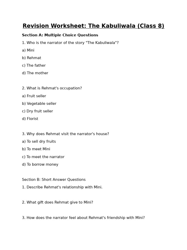 Kabuliwala Revision Worksheet for Class 8 | PDF