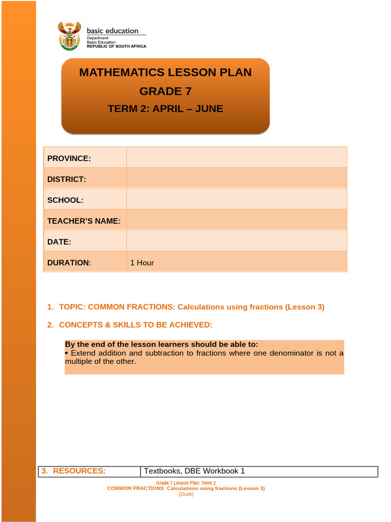 Grade 7 COMMON FRACTIONS Lesson 3 | PDF | Lesson Plan | Homework