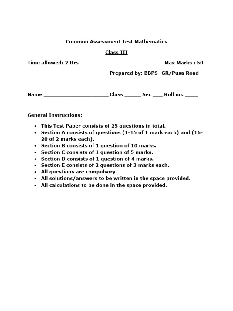 CBSE Class 3 Mathematics Practice Test | PDF