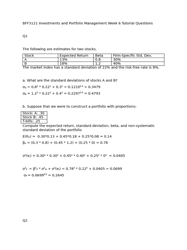 BFF3121 Investments and Portfolio Management Week 6 Tutorial Questions ...