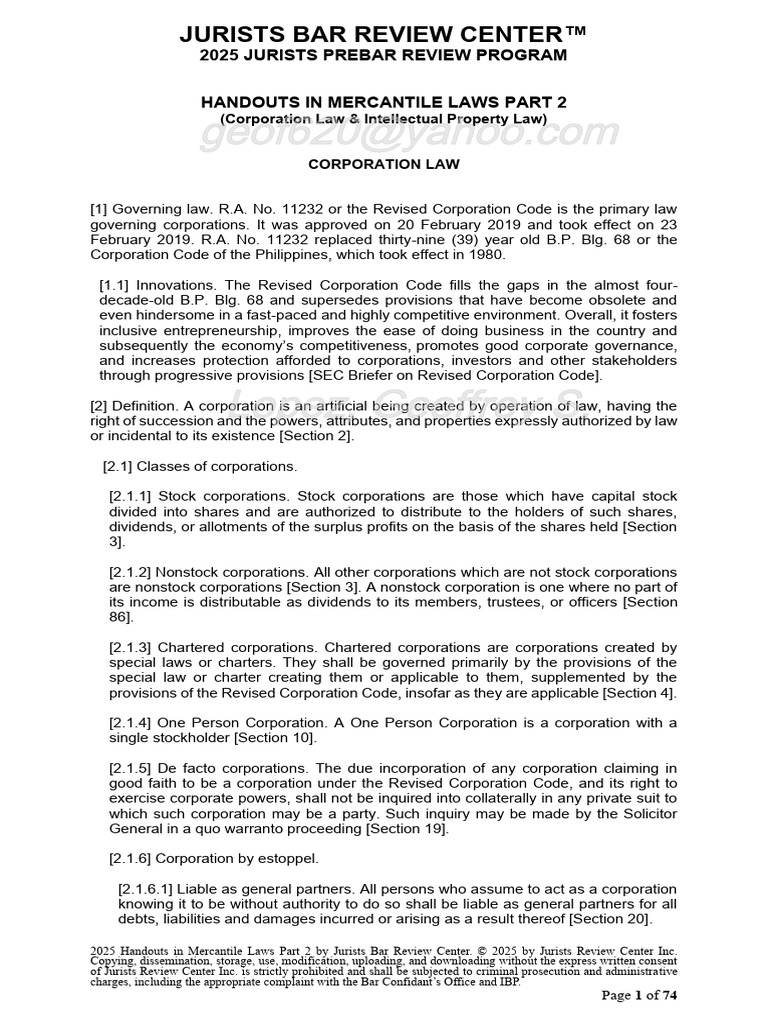Mercantile Laws: Corporation Law Overview | PDF | Corporations ...
