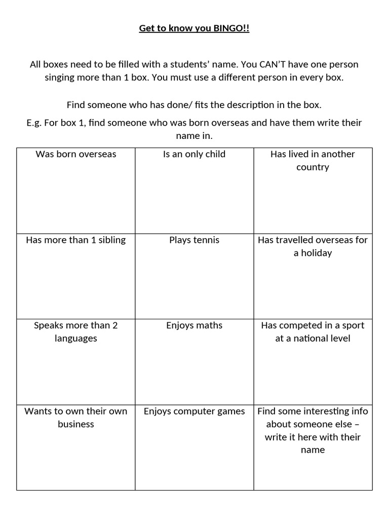 Get to Know You Bingo Activity | PDF