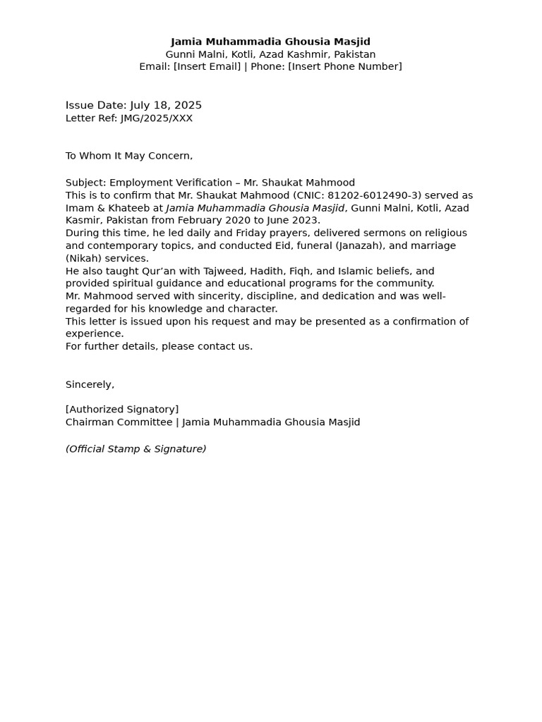 Malni Masjid Imam & Teacher Letter | PDF