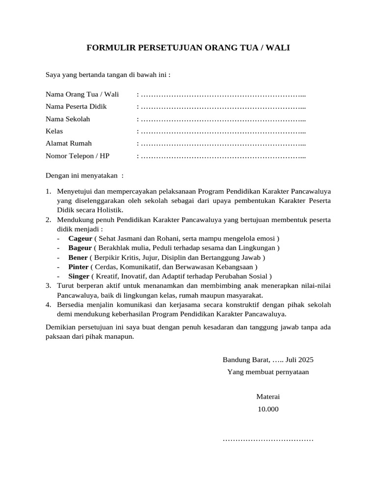 Formulir Persetujuan Orang Tua | PDF