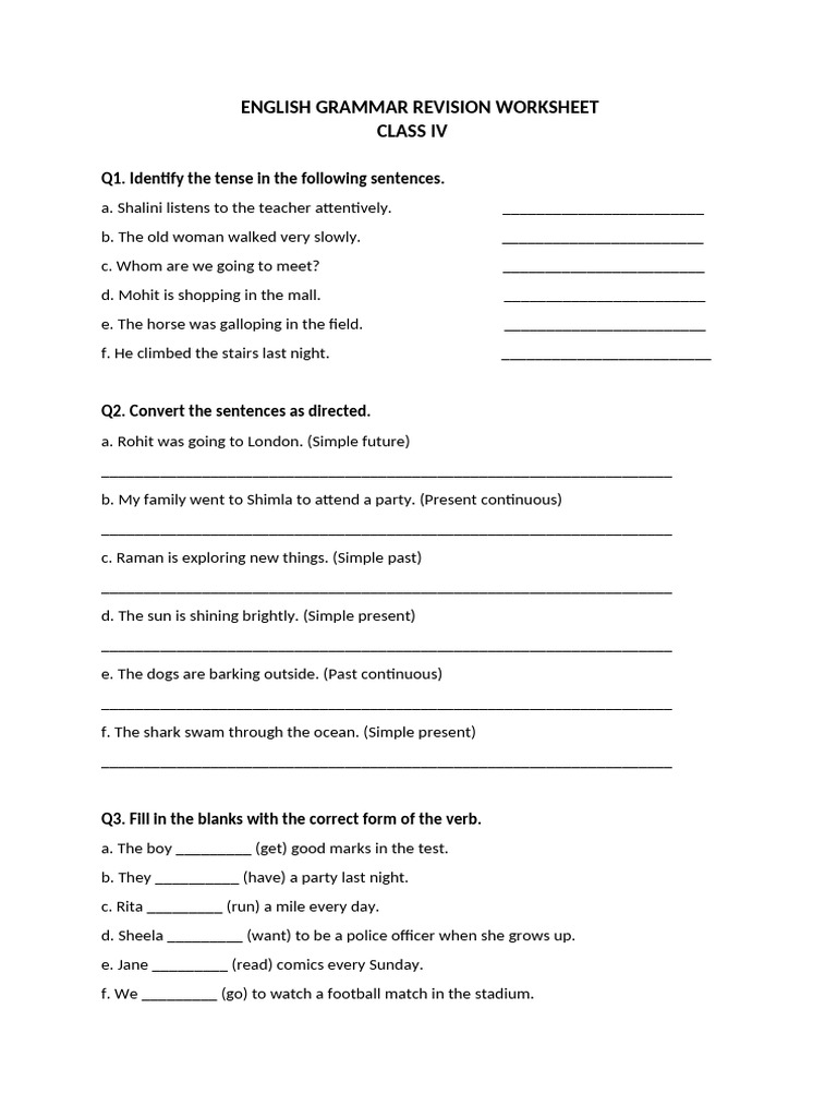 Class IV English Grammar Worksheet | PDF | Linguistics
