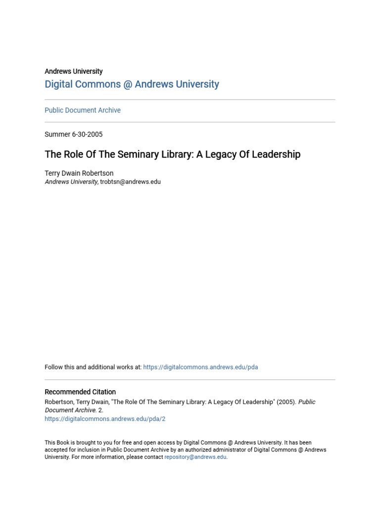 The Role of The Seminary Library - A Legacy of Leadership | PDF