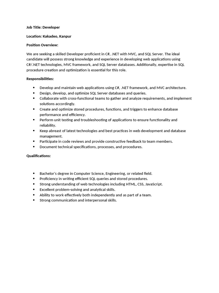 JD For Developer | PDF