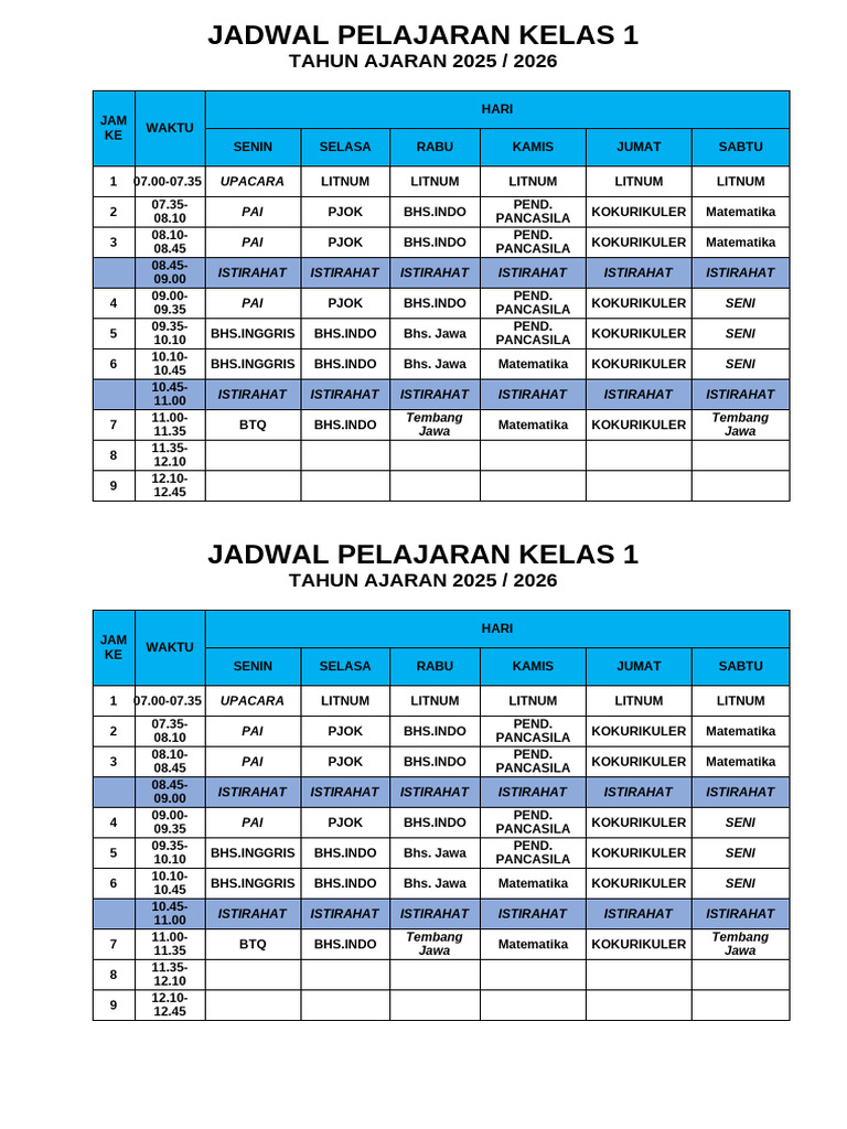 Jadwal Pelajaran Kelas 1 SD 2025 | PDF