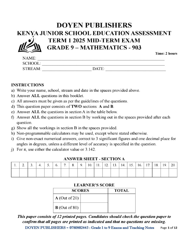 Grade 9 Mathematics Term 1 2025 Mid-Term Exam | PDF