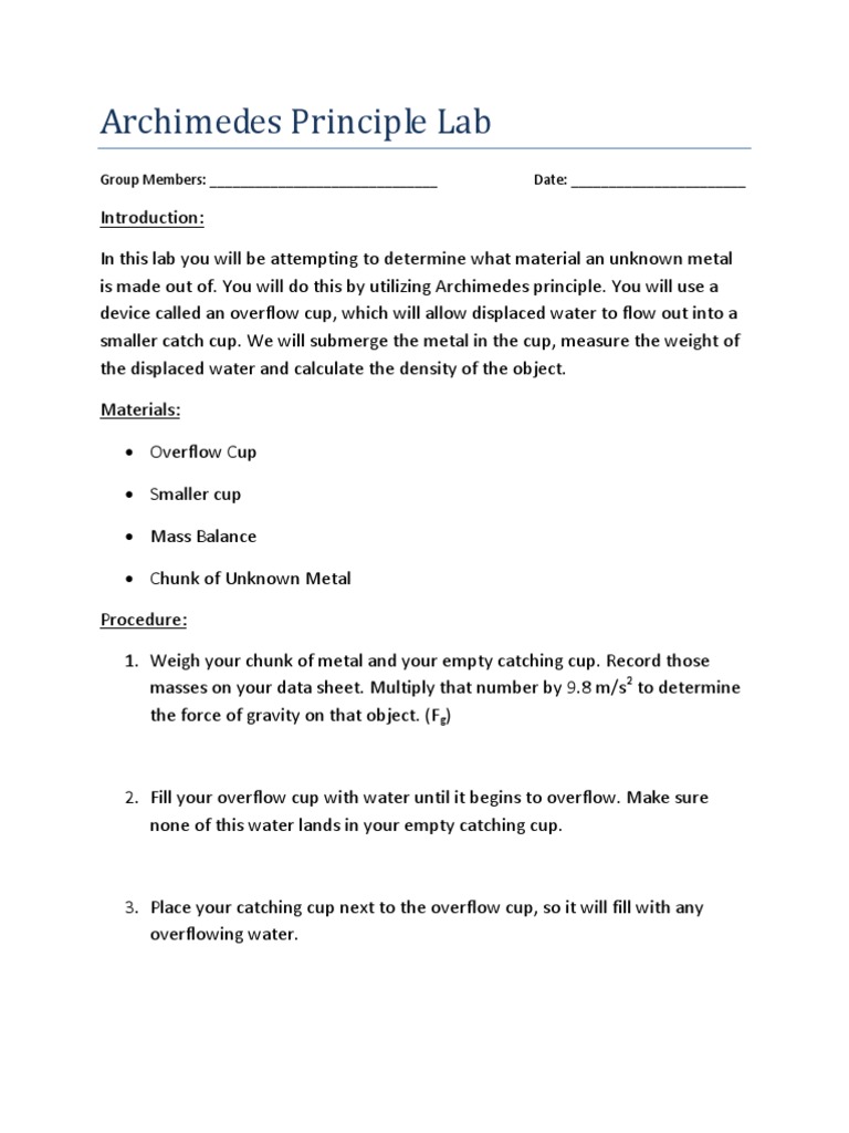 Archimedes Principle Lab Experiment | PDF | Science & Mathematics
