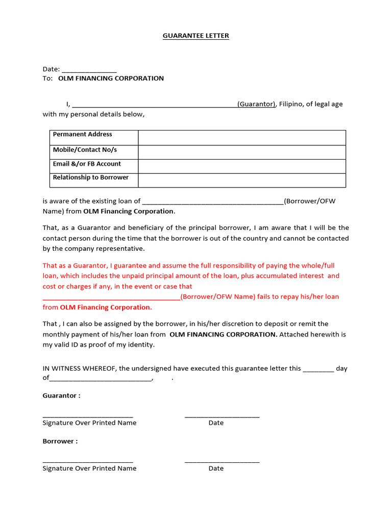 OLM Guarantee Letter | PDF