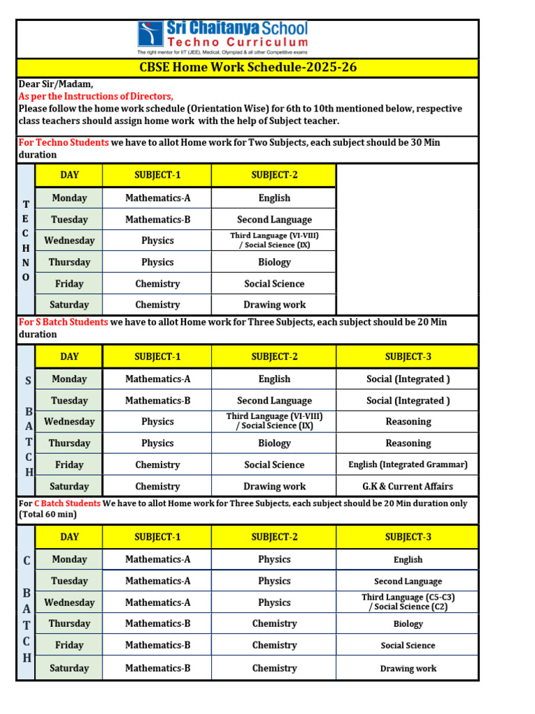 CBSE Homework Schedule 2025-26 | PDF