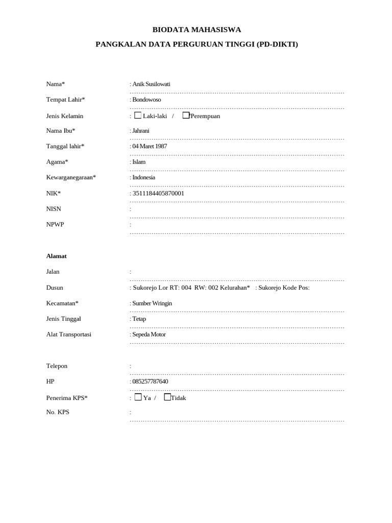 Form Biodata Mahasiswa (PD-Dikti) | PDF