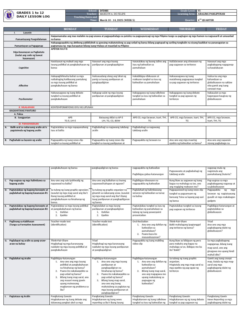 DLL Araling Panlipunan 6 q4 w5 | PDF